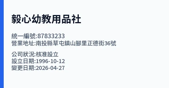 毅心幼教用品社的照片-統編 87833233(南投縣) 公司登記資料與營業項目詳細圖表