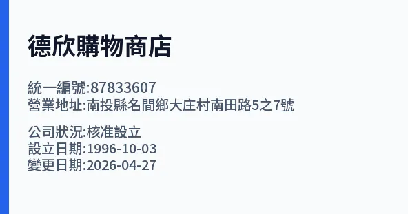 德欣購物商店的照片-統編 87833607(南投縣) 公司登記資料與營業項目詳細圖表