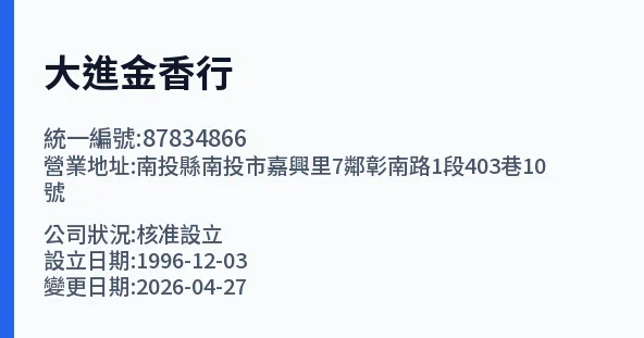 大進金香行的照片-統編 87834866(南投縣) 公司登記資料與營業項目詳細圖表