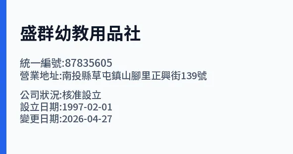 盛群幼教用品社的照片-統編 87835605(南投縣) 公司登記資料與營業項目詳細圖表