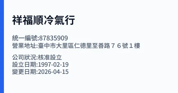 祥福順冷氣行的照片-統編 87835909(臺中市) 公司登記資料與營業項目詳細圖表