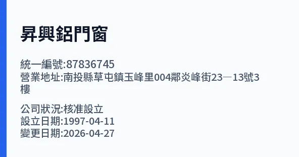 昇興鋁門窗的照片-統編 87836745(南投縣) 公司登記資料與營業項目詳細圖表