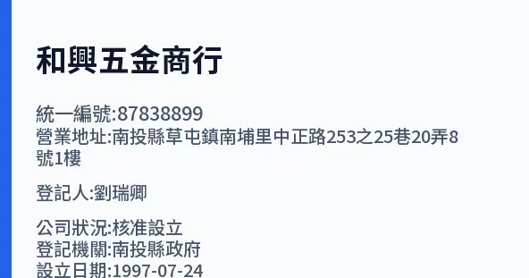 和興五金商行的照片-統編 87838899(南投縣) 公司登記資料與營業項目詳細圖表