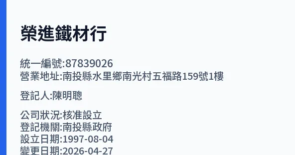 榮進鐵材行的照片-統編 87839026(南投縣) 公司登記資料與營業項目詳細圖表