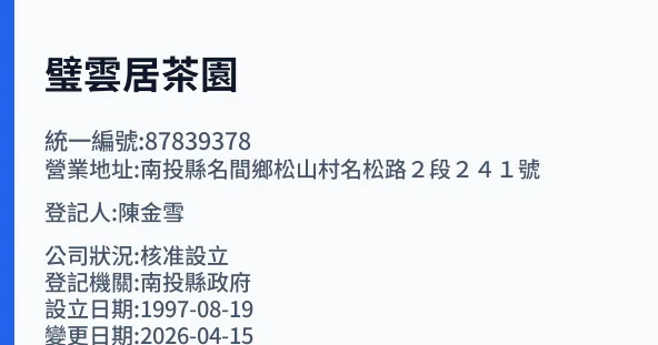 璧雲居茶園的照片-統編 87839378(南投縣) 公司登記資料與營業項目詳細圖表