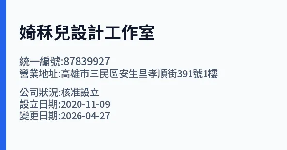 婍秝兒設計工作室的照片-統編 87839927(高雄市) 公司登記資料與營業項目詳細圖表