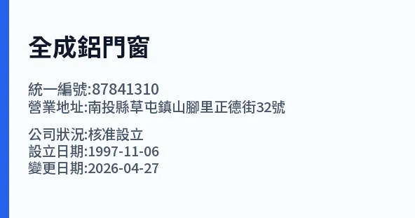 全成鋁門窗的照片-統編 87841310(南投縣) 公司登記資料與營業項目詳細圖表