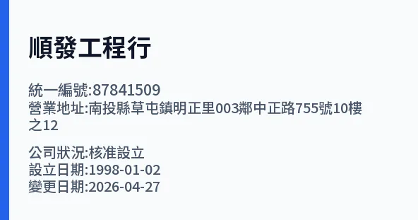 順發工程行的照片-統編 87841509(南投縣) 公司登記資料與營業項目詳細圖表