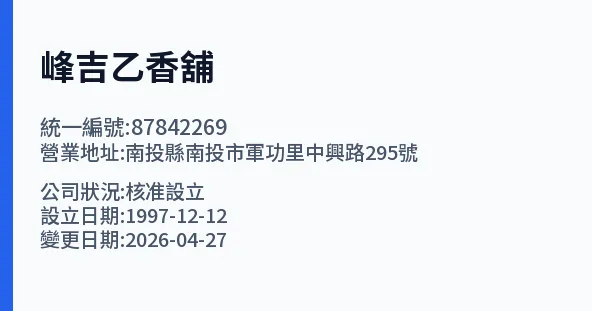 峰吉乙香舖的照片-統編 87842269(南投縣) 公司登記資料與營業項目詳細圖表