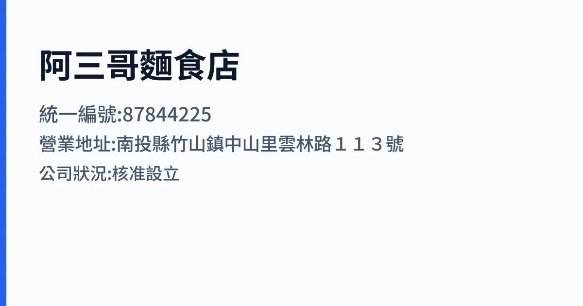 阿三哥麵食店 - 統編 87844225（南投縣） 公司登記資料與營業項目詳細圖表