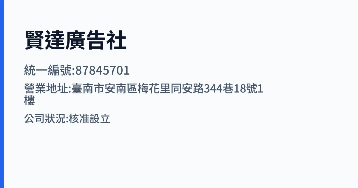 賢達廣告社 - 統編 87845701(臺南市) 公司登記資料與營業項目詳細圖表