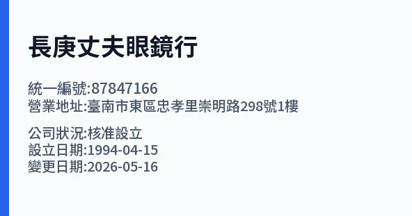 長庚丈夫眼鏡行的照片-統編 87847166(臺南市) 公司登記資料與營業項目詳細圖表