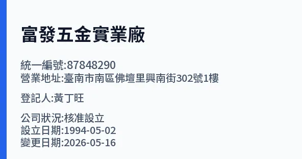 富發五金實業廠的照片-統編 87848290(臺南市) 公司登記資料與營業項目詳細圖表