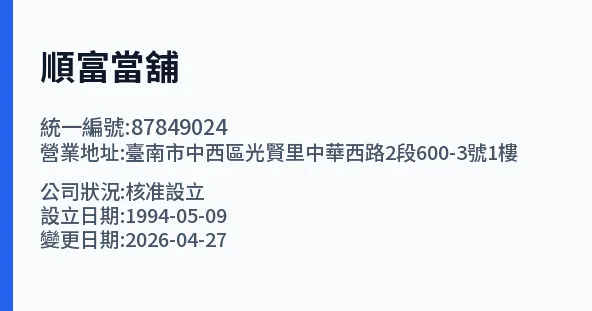 順富當舖的照片-統編 87849024(臺南市) 公司登記資料與營業項目詳細圖表