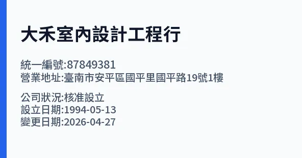 大禾室內設計工程行的照片-統編 87849381(臺南市) 公司登記資料與營業項目詳細圖表