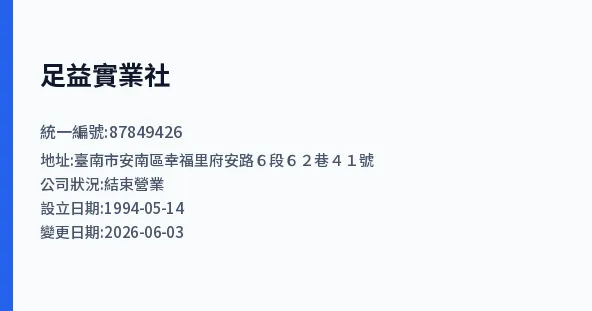 足益實業社的照片-統編 87849426(臺南市) 公司登記資料與營業項目詳細圖表