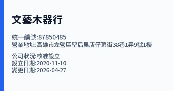 文藝木器行的照片-統編 87850485(高雄市) 公司登記資料與營業項目詳細圖表