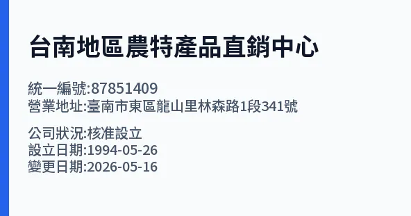 台南地區農特產品直銷中心的照片-統編 87851409(臺南市) 公司登記資料與營業項目詳細圖表