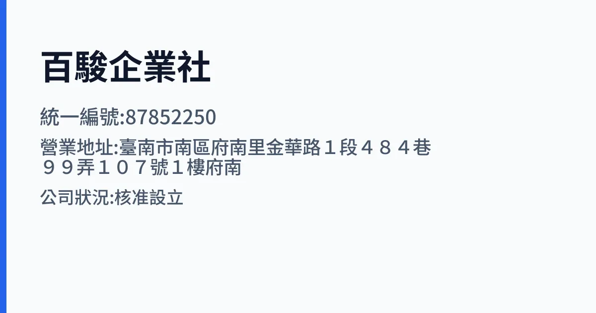 百駿企業社 - 統編 87852250(臺南市) 公司登記資料與營業項目詳細圖表