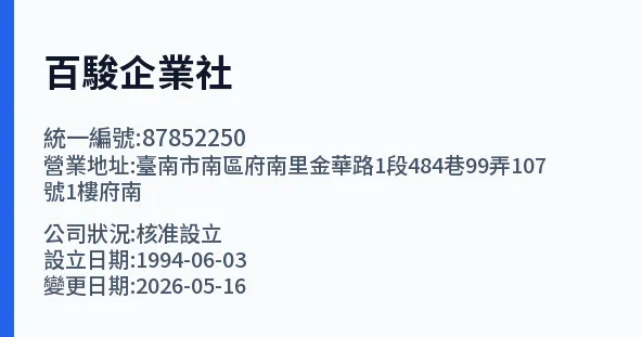 百駿企業社的照片-統編 87852250(臺南市) 公司登記資料與營業項目詳細圖表