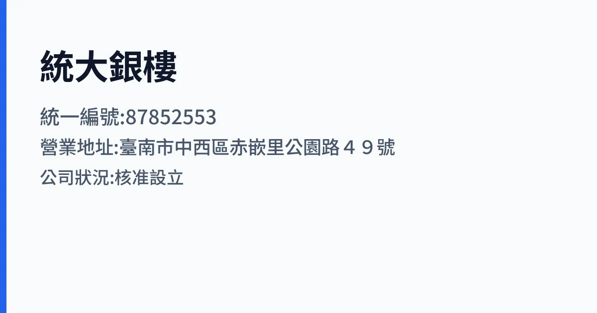 統大銀樓 - 統編 87852553(臺南市) 公司登記資料與營業項目詳細圖表
