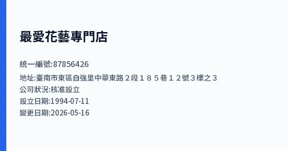 最愛花藝專門店的照片-統編 87856426(臺南市) 公司登記資料與營業項目詳細圖表