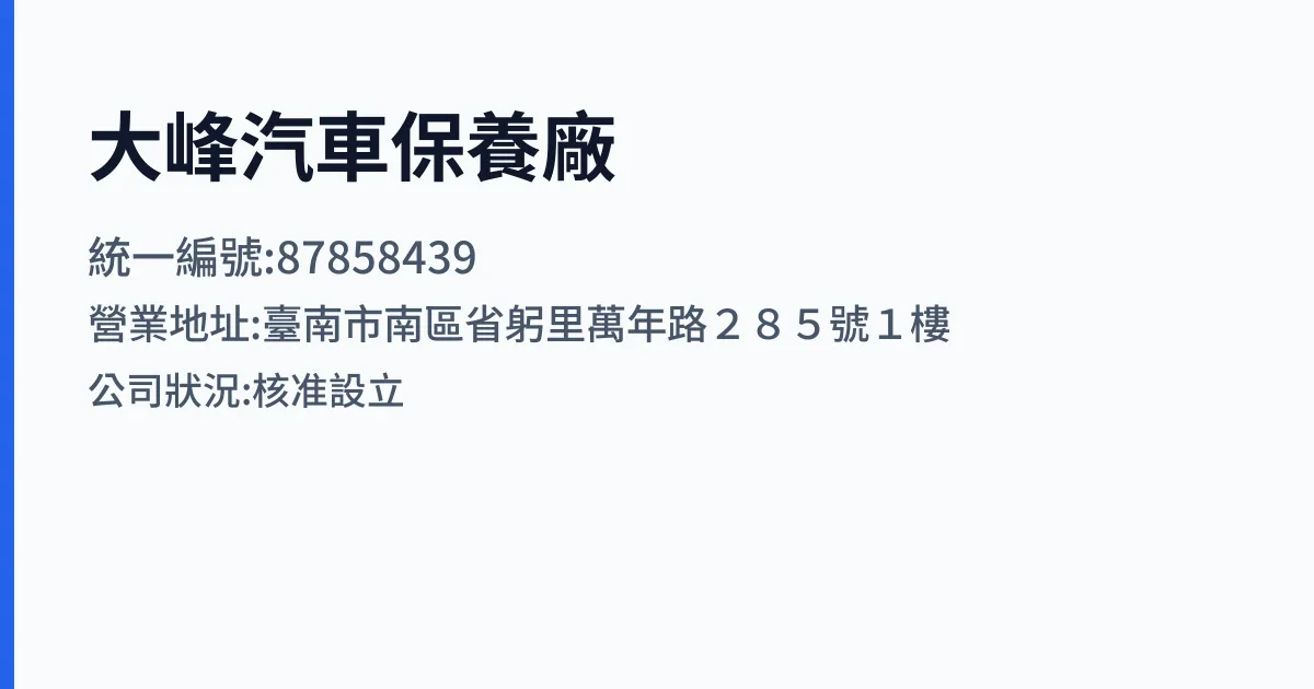 大峰汽車保養廠 - 統編 87858439(臺南市) 公司登記資料與營業項目詳細圖表
