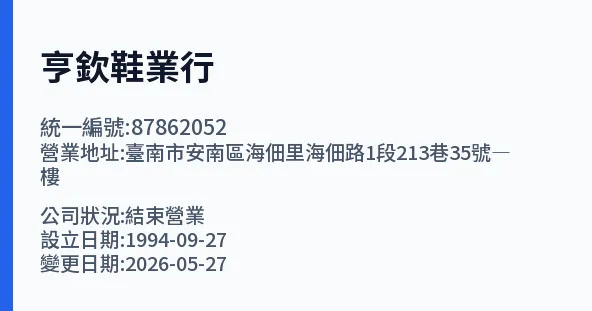 亨欽鞋業行的照片-統編 87862052(臺南市) 公司登記資料與營業項目詳細圖表