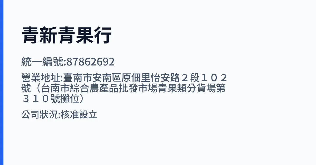 青新青果行 - 統編 87862692(臺南市) 公司登記資料與營業項目詳細圖表