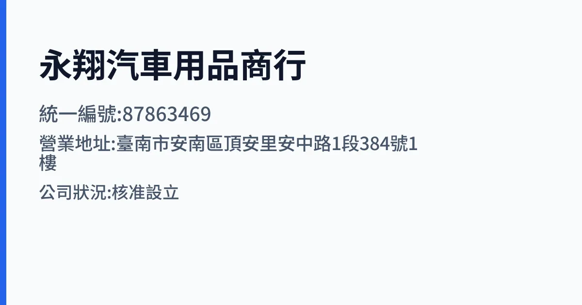 永翔汽車用品商行 - 統編 87863469(臺南市) 公司登記資料與營業項目詳細圖表