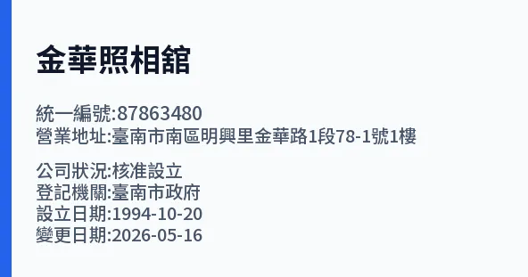 金華照相舘的照片-統編 87863480(臺南市) 公司登記資料與營業項目詳細圖表