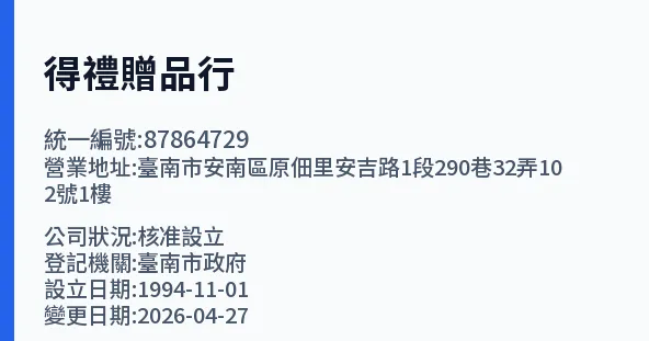 得禮贈品行的照片-統編 87864729(臺南市) 公司登記資料與營業項目詳細圖表