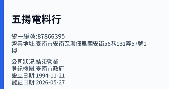 五揚電料行的照片-統編 87866395(臺南市) 公司登記資料與營業項目詳細圖表