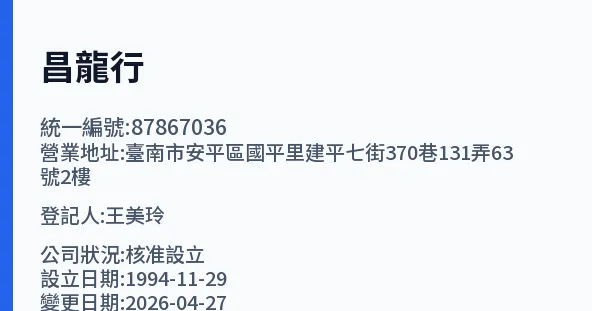 昌龍行的照片-統編 87867036(臺南市) 公司登記資料與營業項目詳細圖表