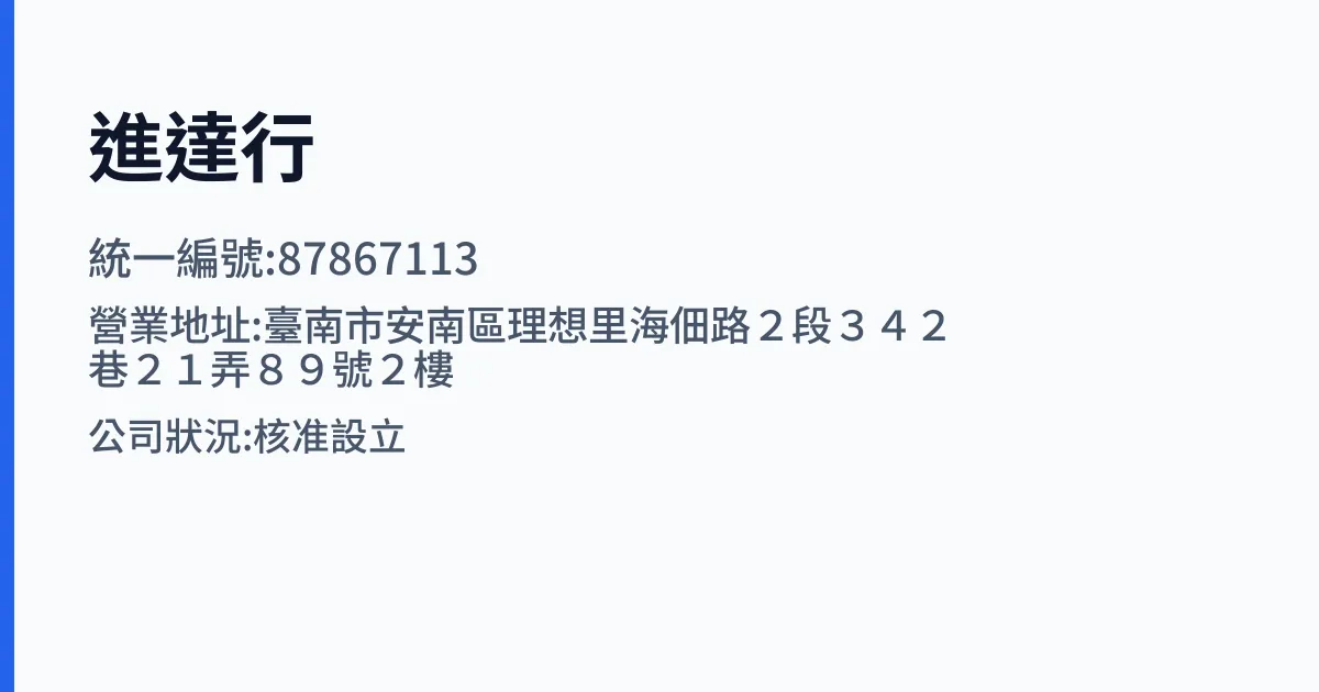 進達行 - 統編 87867113(臺南市) 公司登記資料與營業項目詳細圖表