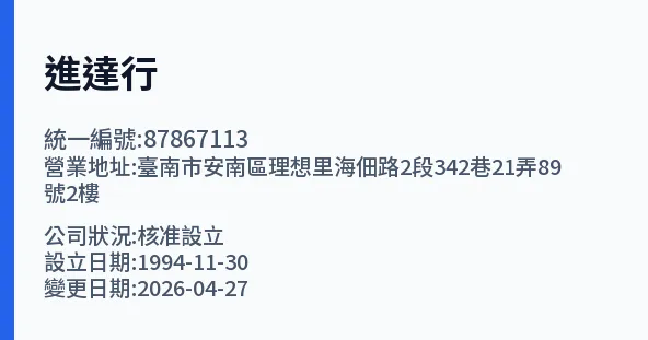 進達行的照片-統編 87867113(臺南市) 公司登記資料與營業項目詳細圖表
