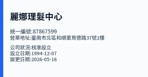 麗娜理髮中心的照片-統編 87867599(臺南市) 公司登記資料與營業項目詳細圖表