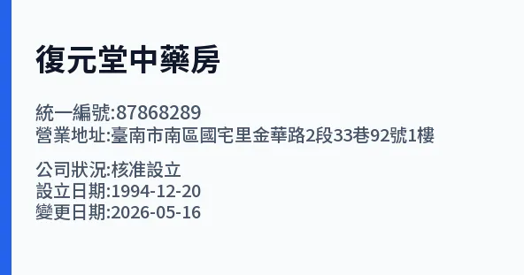 復元堂中藥房的照片-統編 87868289(臺南市) 公司登記資料與營業項目詳細圖表