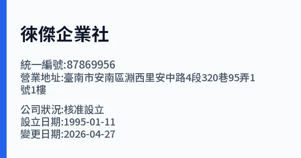 徠傑企業社的照片-統編 87869956(臺南市) 公司登記資料與營業項目詳細圖表