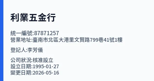 利業五金行的照片-統編 87871257(臺南市) 公司登記資料與營業項目詳細圖表