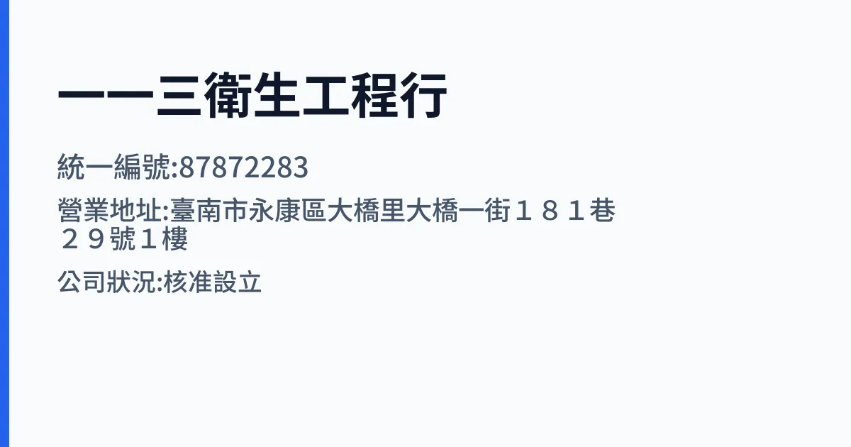一一三衛生工程行 - 統編 87872283(臺南市) 公司登記資料與營業項目詳細圖表