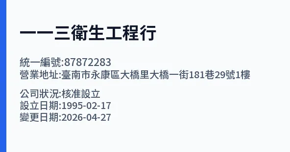 一一三衛生工程行的照片-統編 87872283(臺南市) 公司登記資料與營業項目詳細圖表