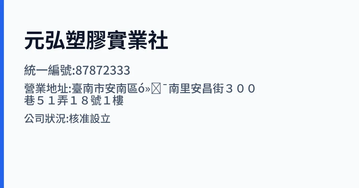 元弘塑膠實業社 - 統編 87872333(臺南市) 公司登記資料與營業項目詳細圖表
