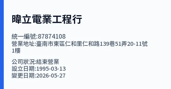 暐立電業工程行的照片-統編 87874108(臺南市) 公司登記資料與營業項目詳細圖表