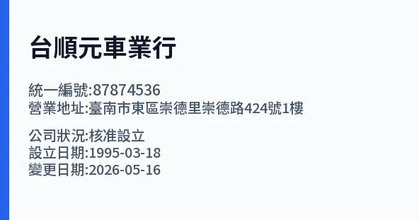 台順元車業行的照片-統編 87874536(臺南市) 公司登記資料與營業項目詳細圖表