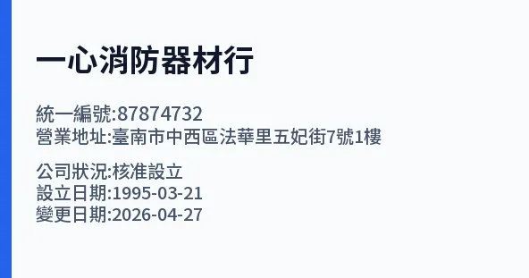 一心消防器材行的照片-統編 87874732(臺南市) 公司登記資料與營業項目詳細圖表