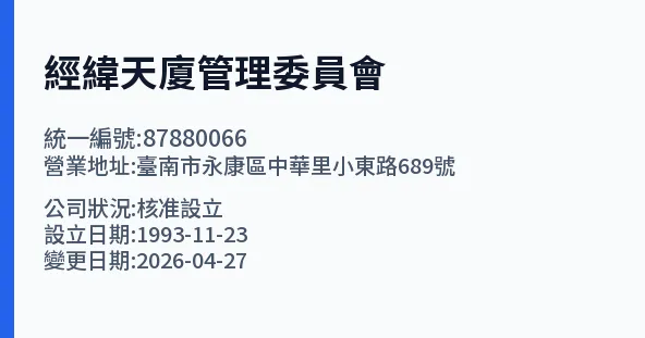 經緯天廈管理委員會的照片-統編 87880066(臺南市) 公司登記資料與營業項目詳細圖表