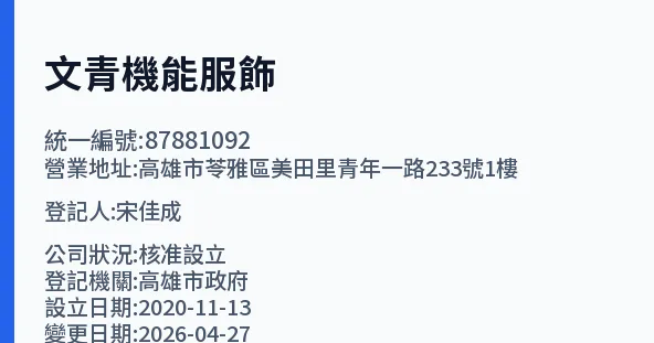 文青機能服飾的照片-統編 87881092(高雄市) 公司登記資料與營業項目詳細圖表