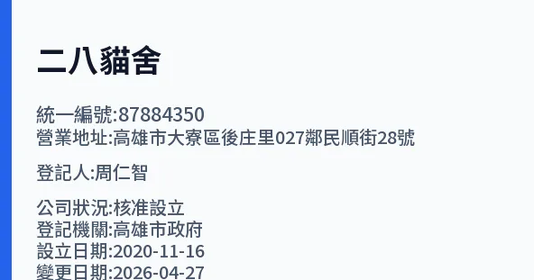二八貓舍的照片-統編 87884350(高雄市) 公司登記資料與營業項目詳細圖表