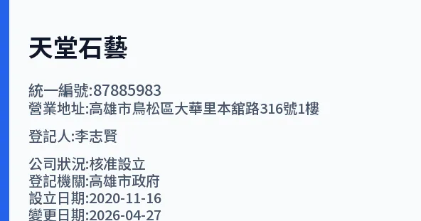天堂石藝的照片-統編 87885983(高雄市) 公司登記資料與營業項目詳細圖表